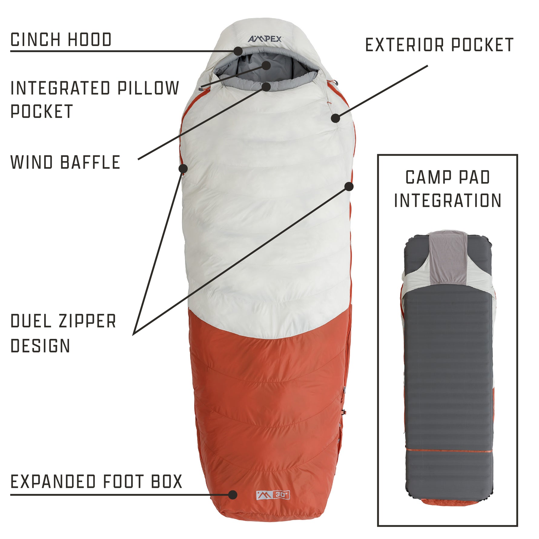 Synthetic Down Sleeping Bag 30°F Hybrid Shape (XL Size) – Ampex Gear